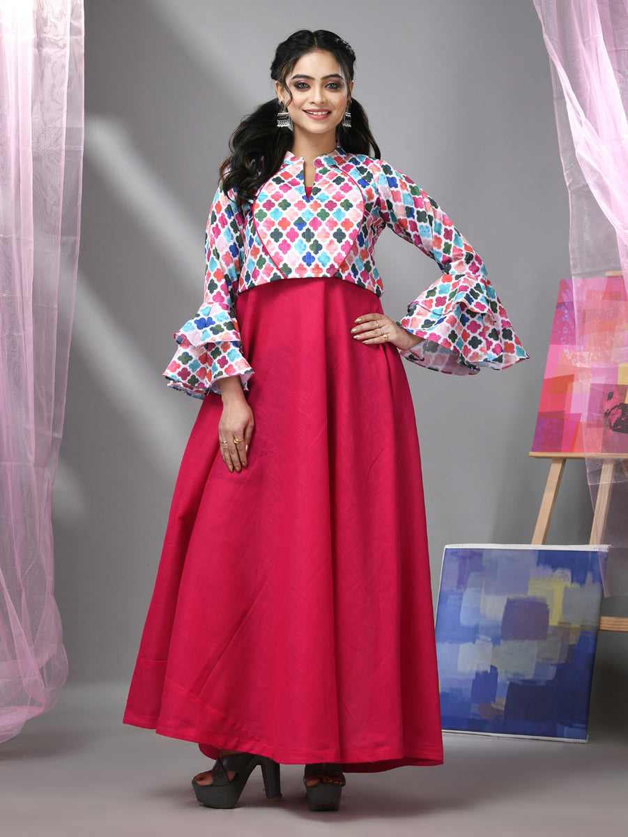 Fuchsia Cotton Handspun Solid Gown With Printed Cropped Jacket – Charukriti