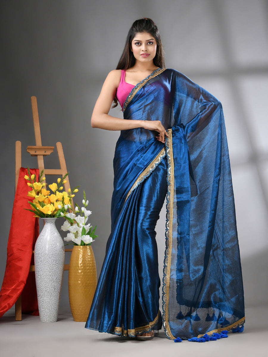 Sapphire blue Shimmer Tissue Saree With Gota Patti Borders – Charukriti