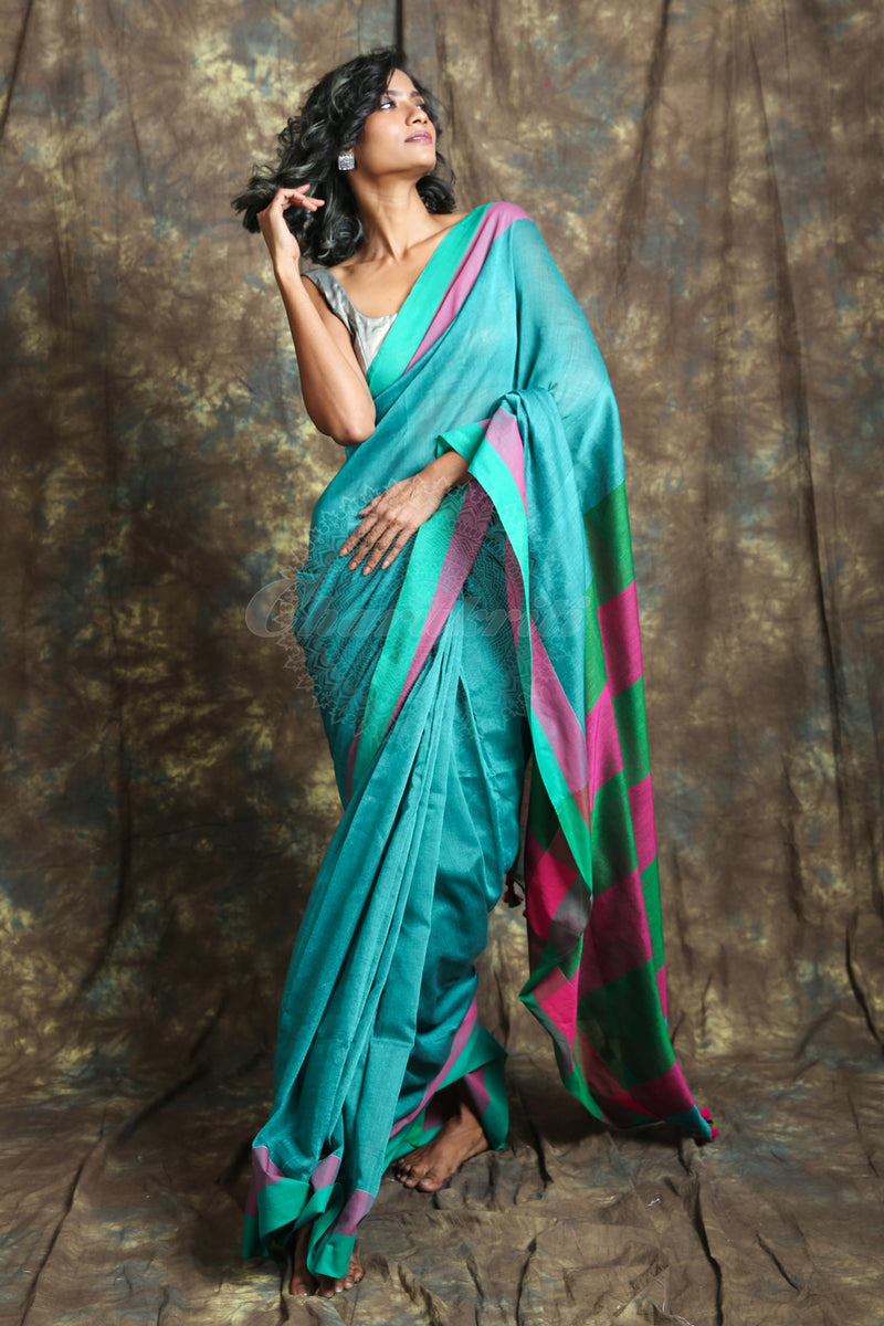 Firoza Color Dual Border Handloom Saree – Charukriti