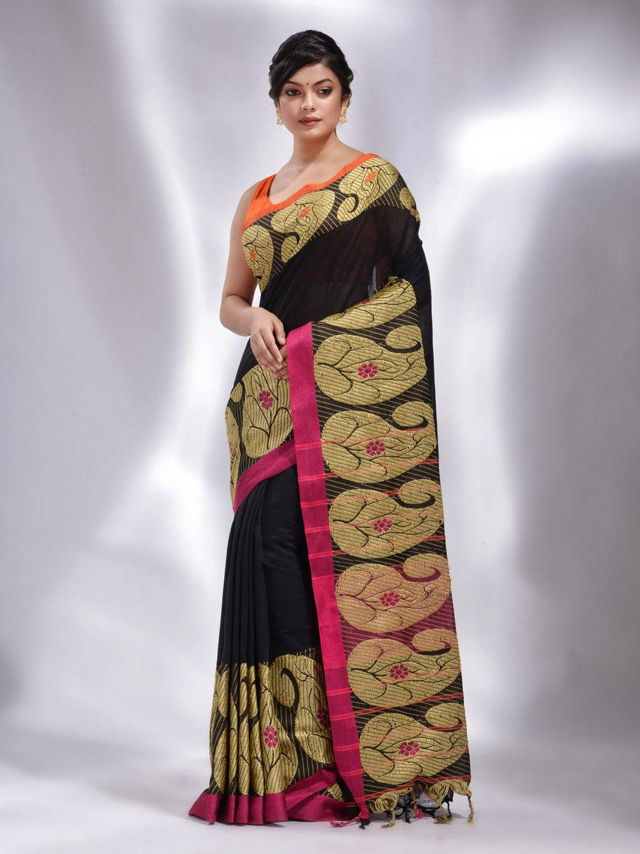 Black Cotton Handwoven Saree With Kolka Border – Charukriti