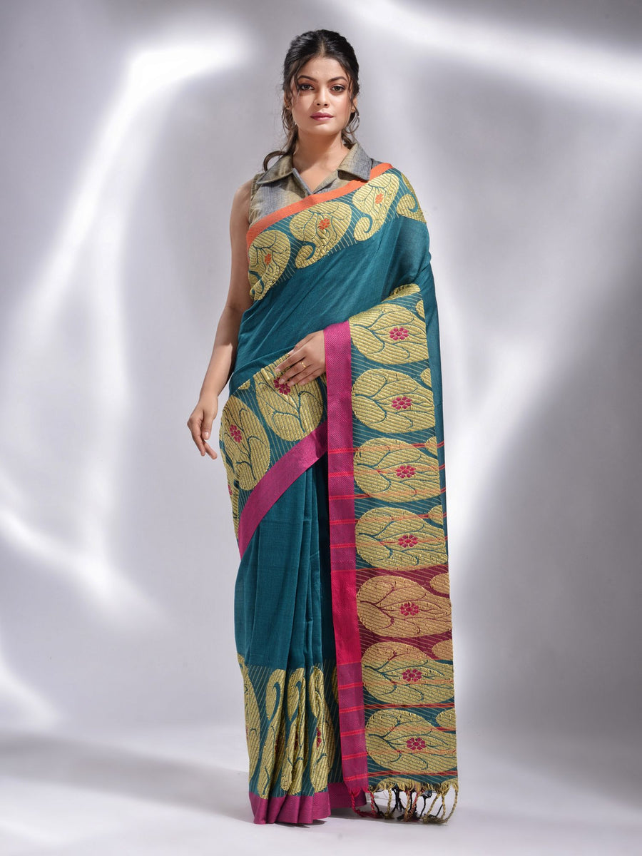 Teal Cotton Handwoven Saree With Kolka Border – Charukriti