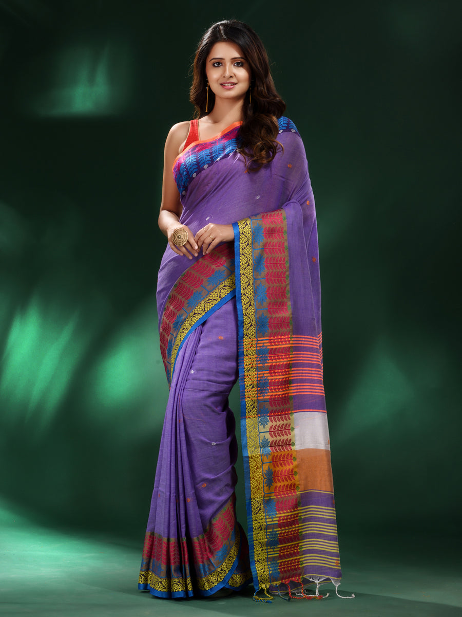 Violet Cotton Handwoven Saree With Woven Design – Charukriti
